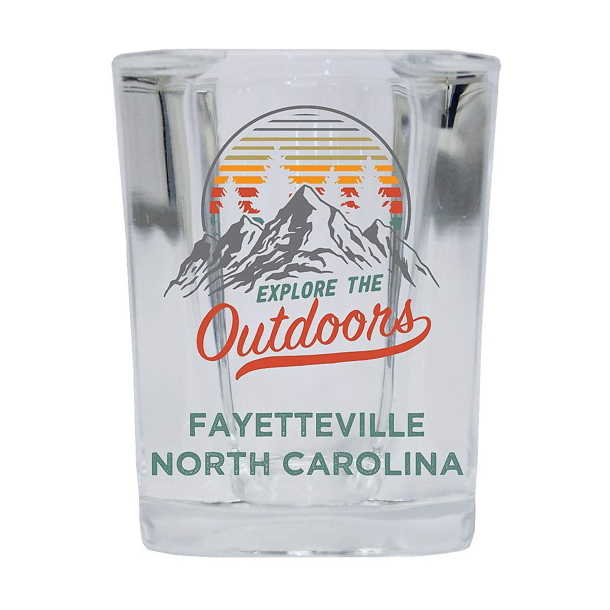 R and R Imports Fayetteville North Carolina Explore the Outdoors Souvenir 2 Ounce Square Base Liquor Shot Glass
