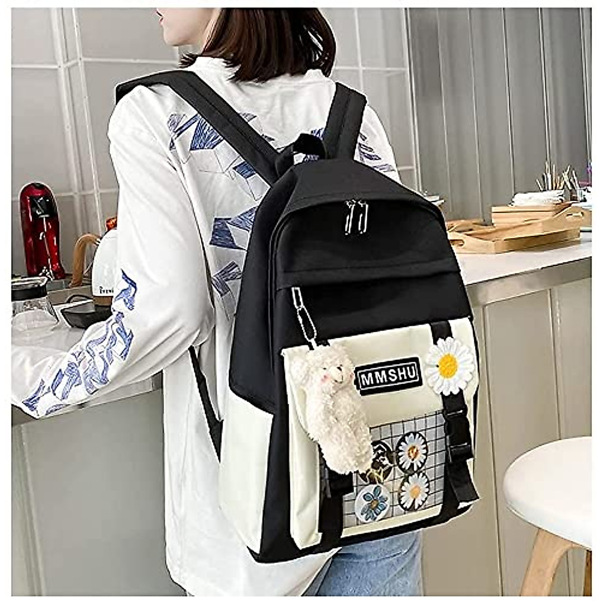 Kawaii School Backpack Sets Canvas Bookbag with Teddy Bear Pendant Pencil Pouch Shoulder Tote Lunch Bag Laptop Schoolbag Daypack Kit Back to School Supplies for Students Girls Boys (Black)