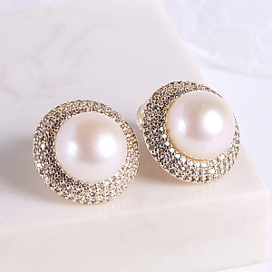 Guptue S925 Silver needles Pearl button stud earrings cultured freshwater pearl Cubic zirconia stud Earrings Birthday Gifts Women's Stud Earrings,Round 10-11mm pearl earrings (White)