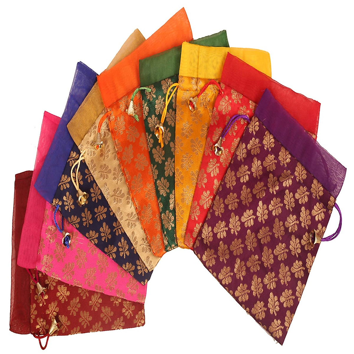 Touchstone Gorgeous Gift Wrapping bags reusable environment friendly Large Drawstring Mimosa Leaf Pattern Brocade for birthdays, wedding, return present packing set. pack of 9. 9x7 inches