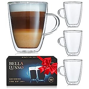 Glass Coffee Mugs 12 oz - Double Wall Insulated Cups - Large Glasses Set of 4 - Premium Gift Box - Tea,Latte,Cappuccino,Espresso on Saucer - Designed in USA Borosilicate Glassware - Dishwasher Safe…