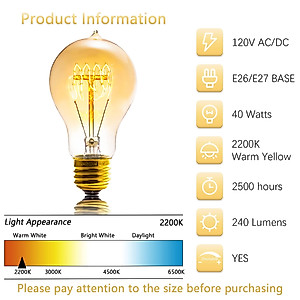 Sevici Edison Bulbs, A19 Bulbs 6 Pack, Dimmable 120V 40W Vintage Amber Glass, 240 Lumens E26 Base, Retro StyleIncandescent Bulbs, 2200K Warm Yellow Light, for Home Office Desk Lamp Stand