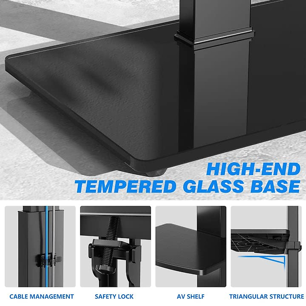 Rfiver Swivel Floor TV Stand with VESA Mount for 32 39 40 43 49 50 55 60 65 70 Inch Flat Screens/Curved TVs, 3-Shelf Tall Narrow TV Stand with Tempered Glass Base, Black Height Adjustable Mount Stand