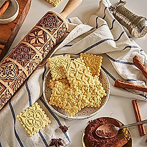 Wooden Embossed Rolling Pin for Baking Engraved Embossing Rolling Pin Cookie Stamps Roller Square Grid Cookies Mold Kitchen Decor Tools for Baking Embossed Cookies(2pc)