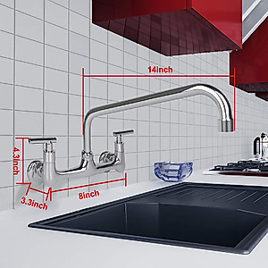 XIUBE Wall Mount Kitchen Sink Faucet with 14 inch Swivel Spout 8 Inch Center Commercial Sink Faucet for Compartment prep and Backsplash Mount Restaurant Sink 2-Handles Faucet Chrome Finish