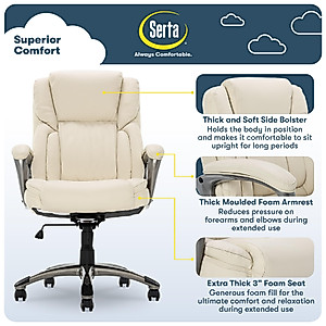 Serta Garret Executive Office, Adjustable Ergonomic Computer Chair with Layered Body Pillows, Waterfall Seat Edge, Bonded Leather, High-Back, Ivory White