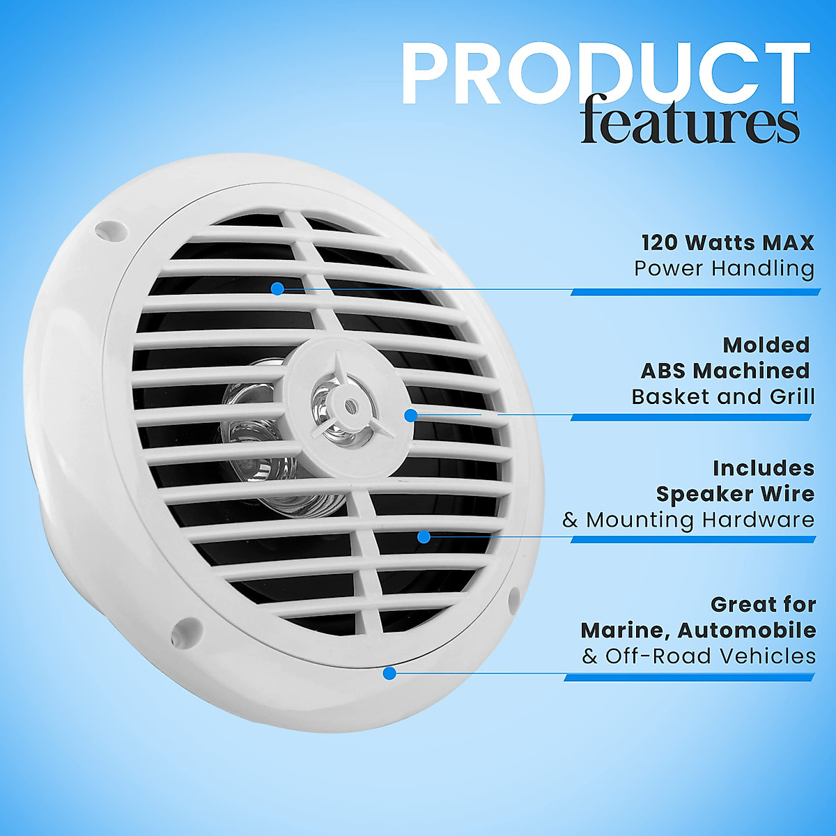 Pyle 6.5 Inch Dual Marine Speakers - 2 Way Waterproof and Weather Resistant Outdoor Audio Stereo Sound System with 120 Watt Power, Polypropylene Cone and Cloth Surround - 1 Pair - PLMR67W (White)