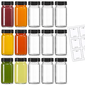 15 Pack 2 oz Glass Shot Mini Bottles w/ Black Lids & 15 Labels - Small Clear Jar for Ginger, Wellness Shot, Juice, Sample, Whiskey - Travel Essentials - Wide Mouth, Leakproof, Dishwasher Safe
