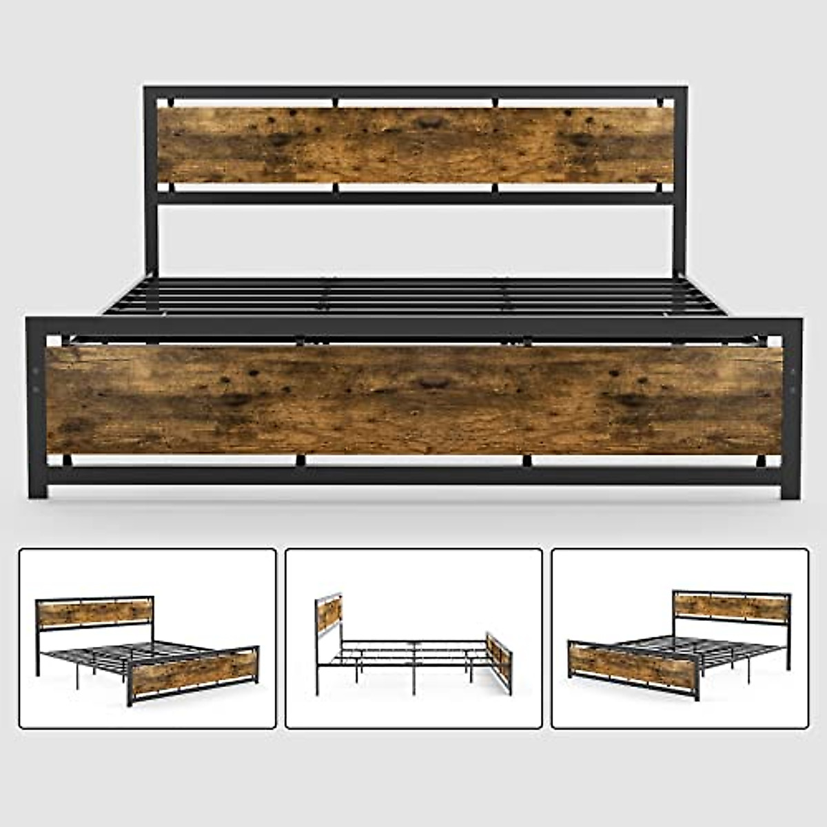 IKIFLY Industrial Metal King Size Bed Frame/Farmhouse Metal Platform Bed with Wooden Headboard Footboard/Heavy Duty Steel Slats Support/No Box Spring Need, Easy Assembly（King, Rustic Brown）