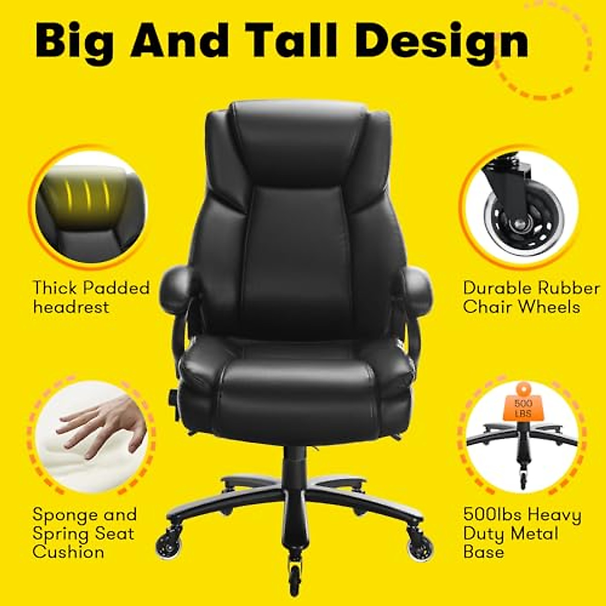 OFIKA Big and Tall Office Chair 500lbs - Adjustable Lumbar Support, Office Chair for Heavy People, Heavy Duty High Back Executive Desk Chair with Wide Seat and Quiet Rubber Wheels, Large Office Chair