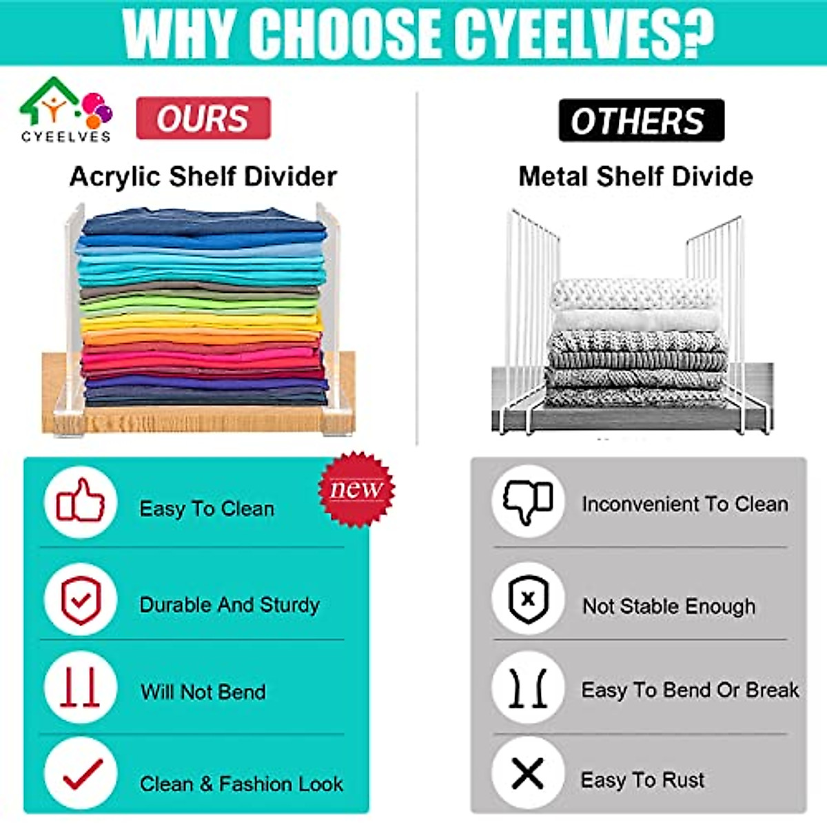 6 Pack Closet Shelves, Shelf Dividers, Clear Acrylic Shelf Divider for Closets, Wood Shelf Dividers Purse Organizer Separators, Closet Shelf Organizer for Kitchen Cabinets Storage Clothes Organization