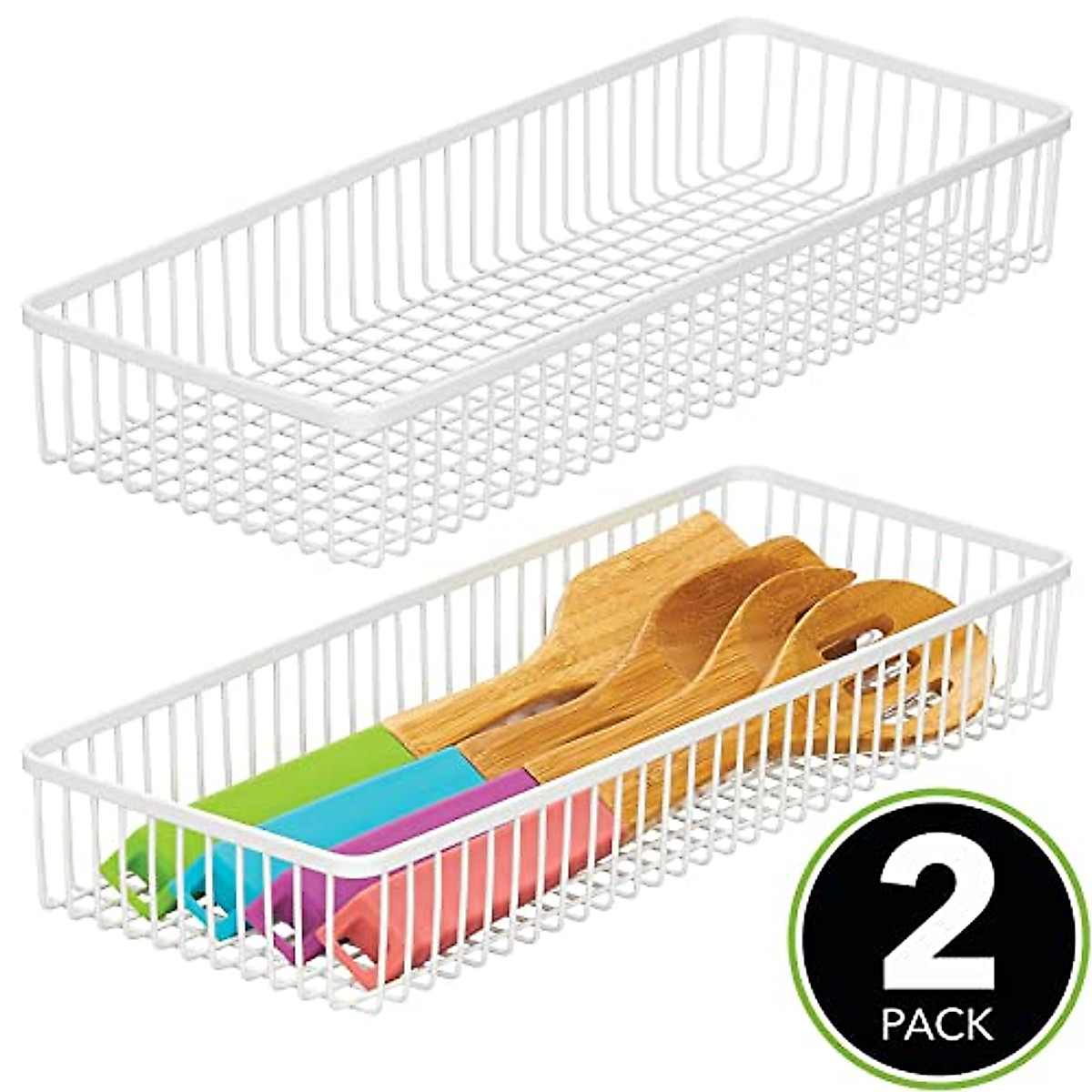 mDesign Metal Farmhouse Kitchen Cabinet Drawer Organizer Basket Tray, Shallow Storage Bin for Cutlery, Serving Spoons, Cooking Utensils, Appliances, Gadgets, Unity Collection, 15" Long, 2 Pack, White