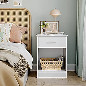 FOTOSOK Nightstand, 2-Tier Side Table with Drawer and Storage Shelf, Bedside Table End Table, Modern Night Stand for Bedroom, Home Office, White