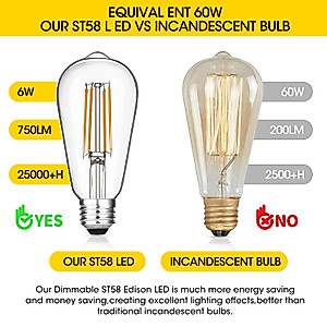 Gozelux Vintage LED Edison Bulbs 6W, Equivalent 60W Incandescent, Warm White 2700K, ST58 Antique LED Filament Bulbs with 90+ CRI, E26 Medium Base,Dimmable, Clear Glass, Pack of 6