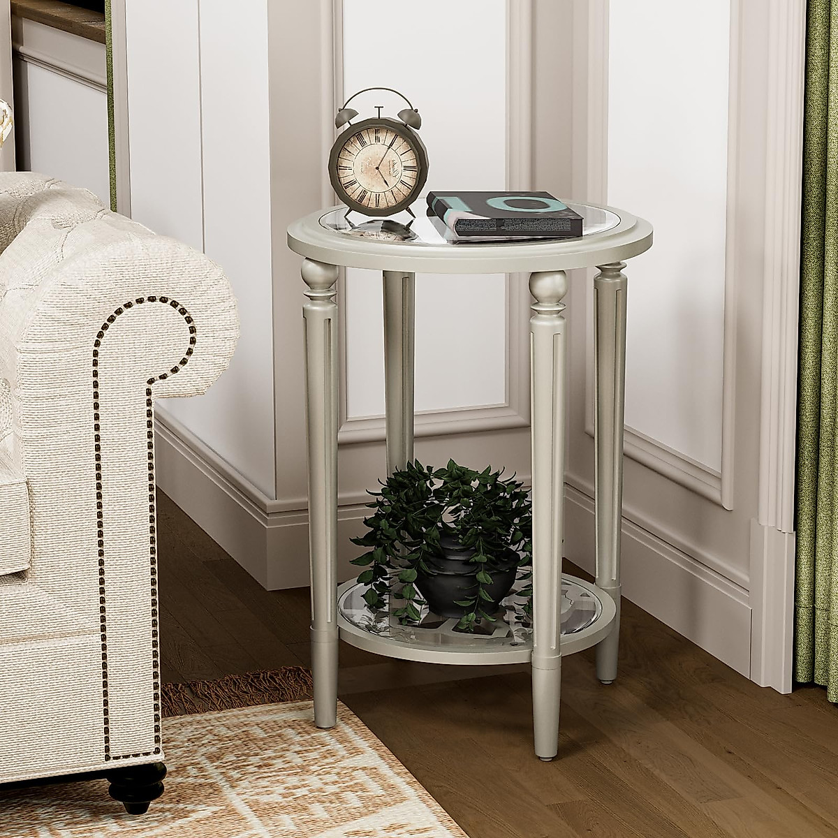 HOMPUS Modern End Table w Glass Top & Glass Shlef, 2 Tier Round Nightstand w Shlef, Wood Side Table Glass Small Accent Table for Living Room, Bedroom, Champagne