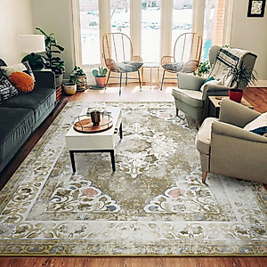 B BENRON Soft Living Room Rug 4x6, Brown, Thin Rugs for Bedroom, Floral Rug with Memory Foam, Low-Pile Area Rug Home Decor