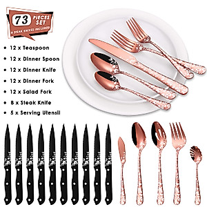 73-Piece Copper Silverware Set with Steak Knife & Serving Set for 12, Stapava Stainless Steel Rose Gold Flatware Cutlery Set, Eating Utensils Tableware with Butterfly Flower Laser, Dishwasher Safe