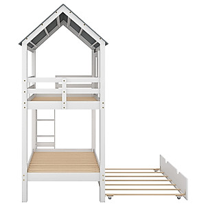 House Bunk Beds Twin Over Twin with Trundle,Kids Bunk Beds with Roof and Windows, Wood Twin Bunk Beds for Girls, Boys,White
