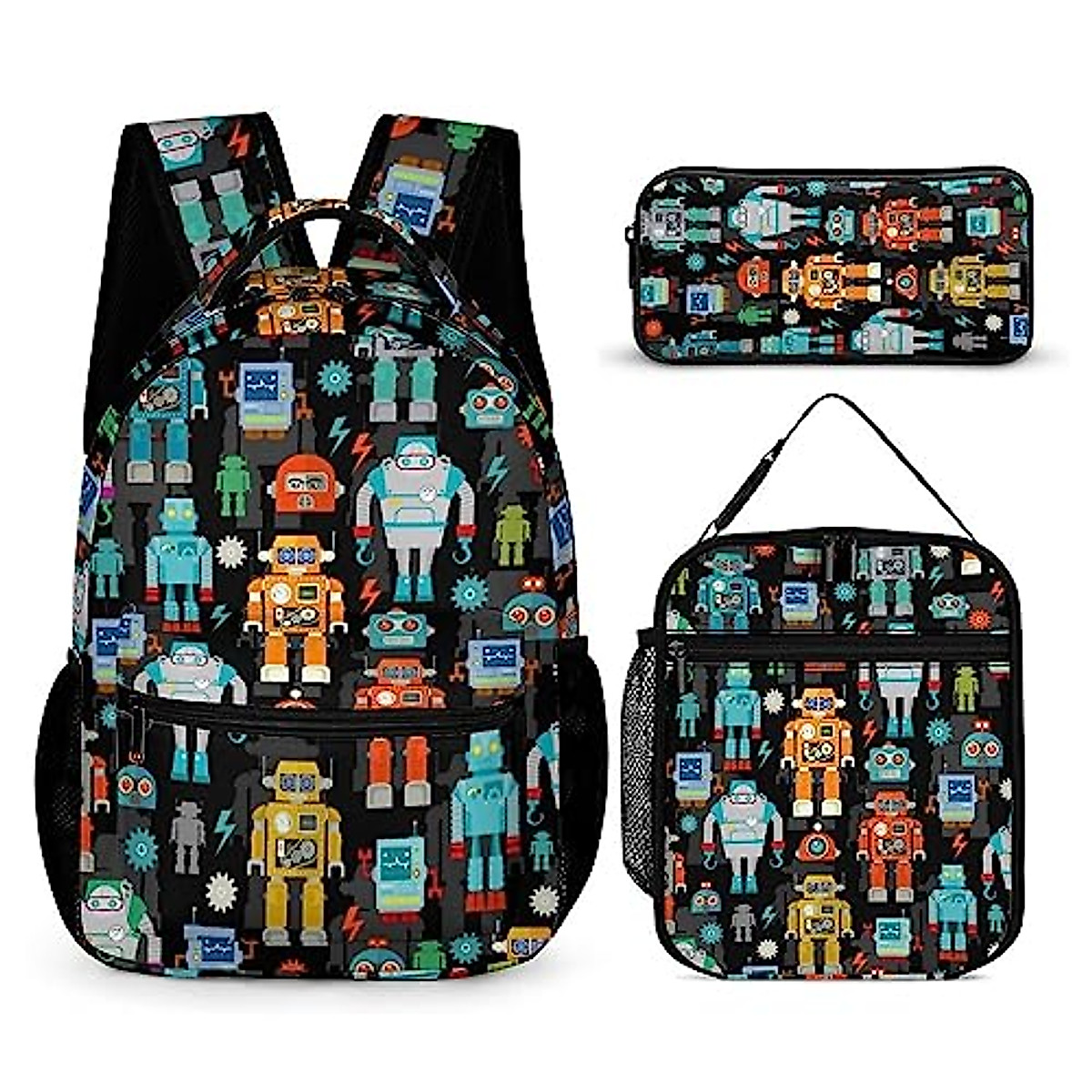 oallpu 3PCS Cartoon Robots Backpack, Cool Shoulders Backpack Lightweight Durable Vintage Robots Laptop Bag, 17 Inch Daypack with Multiple Pockets(Vintage Robots)