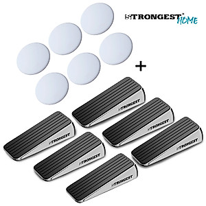 Strongest Door Stopper, Heavy Duty Door Stop Wedge Made of Premium Quality Zinc and Rubber Suits Any Door,Any Floor. Set of 2 Plus Bonus Self Adhesive Wall Protectors (Black Silver, 6 Pack)