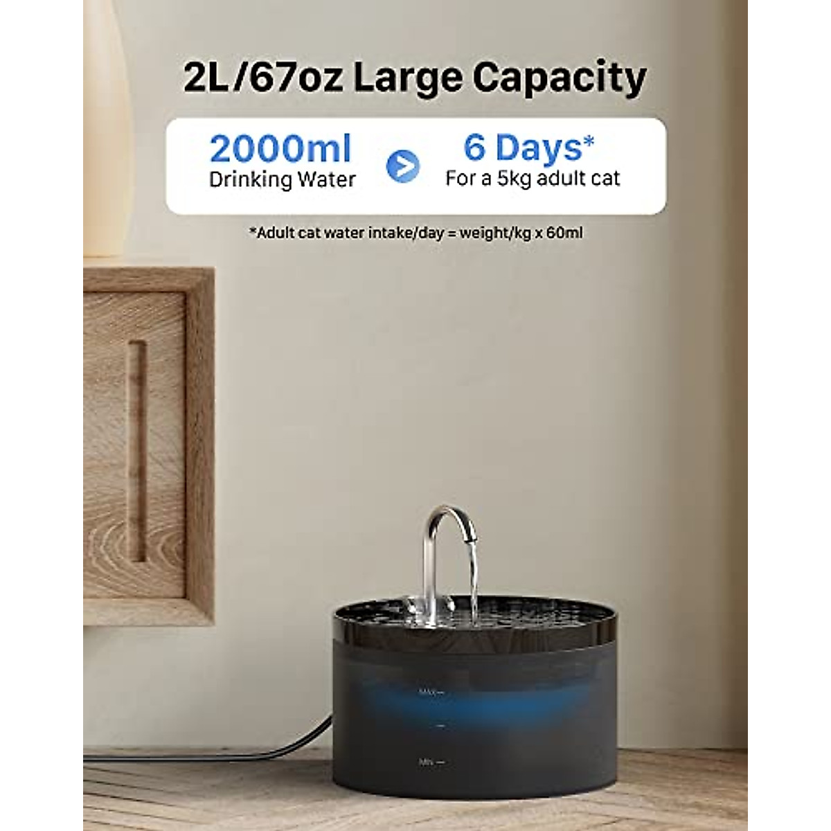 Cat Water Fountain, GIOTOHUN Faucet-Shaped 67oz/2L Cat Fountain, Super Silent , Built-In Led Light, Activated Carbon Filter, Translucent Water Tank, Suitable for Multiple Pets, Black