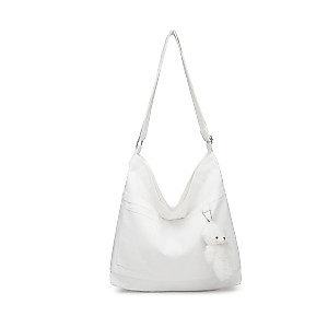 Covelin Womens Canvas Bag with Bear Pendant Crossbody Purse Top Zip Shoulder Handbag White