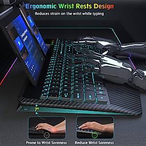 SABLUTE Wireless Keyboard with 7 Colored Backlits, Wrist Rest, 2.4G Computer Gaming Keyboard with Phone Holder, Rechargeable Full Size Ergonomic Keyboard with Silent Keys for MacBook, PC, Laptop