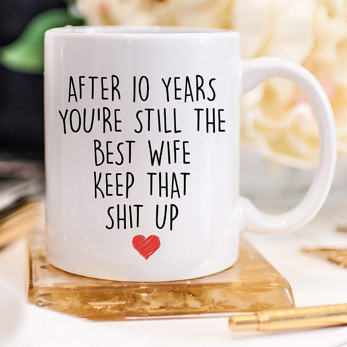 YouNique Designs 10 Year Anniversary Coffee Mug for Her, 11 Ounces, 10 Year Anniversary Mugs for Wife Her Couples, 10th Wedding Anniversary Cup for Wife, Ten Years Tin, Tenth Year, 10th Year