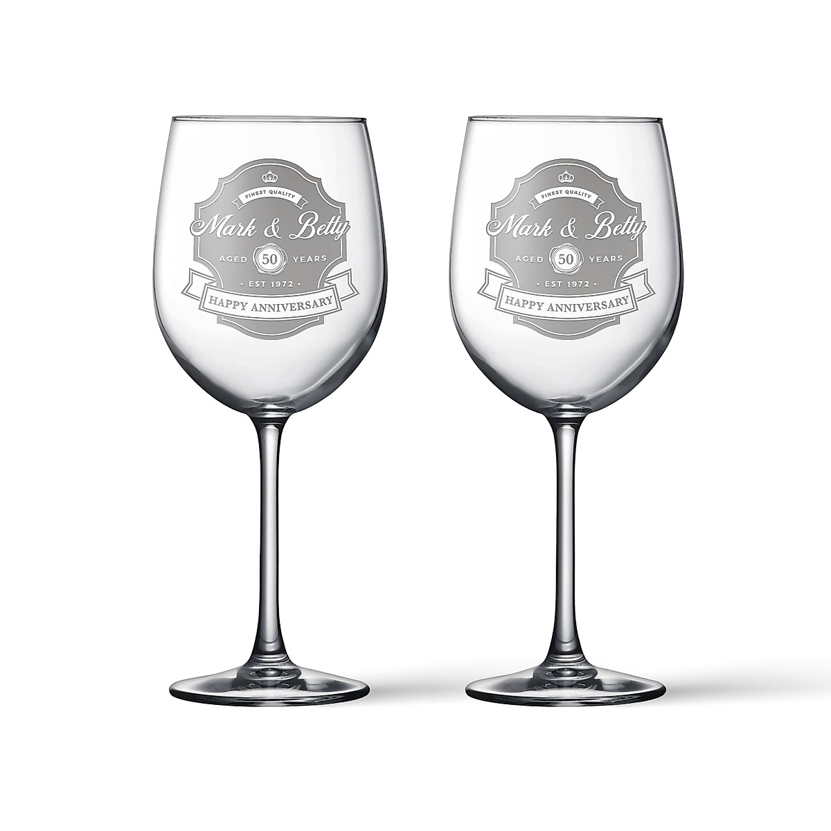 Alterd Industries Personalized Engraved Wedding Anniversary Wine Glasses Gift Box Set - 50th Anniversary Wine Glasses for Couples | Vintage Anniversary Gift (Stemmed Wine Glasses)