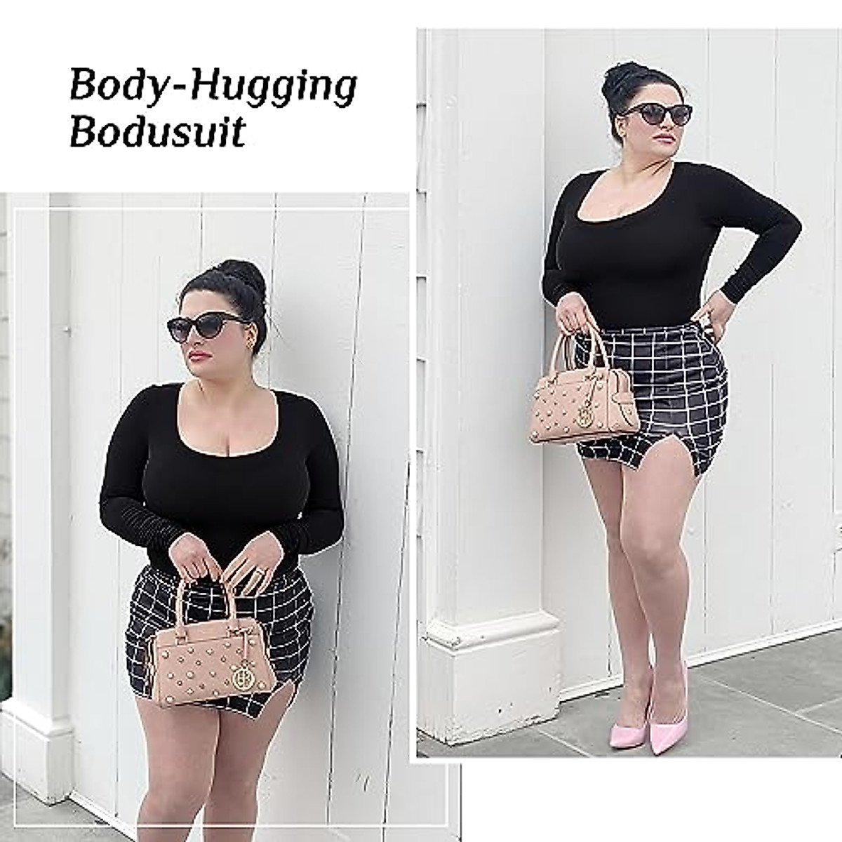 SHAPERX Women's Long Sleeve Scoop Neck Bodysuit Soft Body-Hugging T-Shirt Fits Everybody, SZ5260-Black-XS