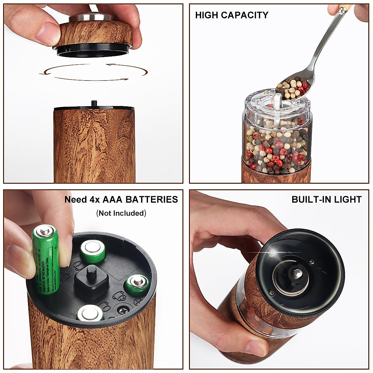 Electric Salt and Pepper Grinder Set, Battery Operated Pepper Mill with LED Light, Adjustable Coarseness, One Hand Operation, Salt and Pepper Shakers Set Electric (Wood Grain)