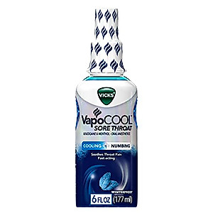 Vicks VapoCOOL Sore Throat Spray, Powerful Sore Throat Numbing Relief, Soothes Throat Pain, Fast-Acting, with Benzocaine & Menthol - Oral Anesthetics, Winterfrost Flavor, 6 FL OZ