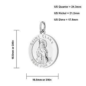 US Jewels 3/4in 925 Sterling Silver Polished Finish Saint St Clare Medal Pendant Necklace