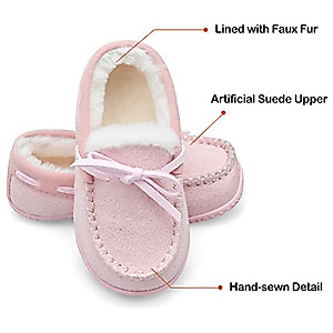 Scurtain Kids Toddler Suede Moccasin Slippers - Lined with Warm Fur, Unisex for Boys & Girls - Pink, Size 6.5