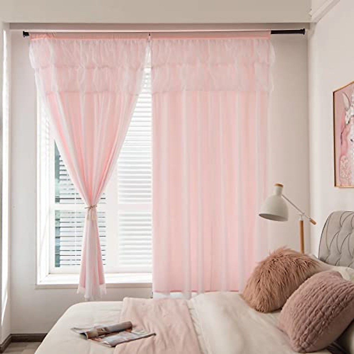 GY Nursery Curtains Catarina Layered Solid Blackout and Sheer Window Curtain Panel Pair for Kids/ Girls Bedroom Living Room Nursery, Blush Pink, 42x63 Inch, Set of 2 Panels