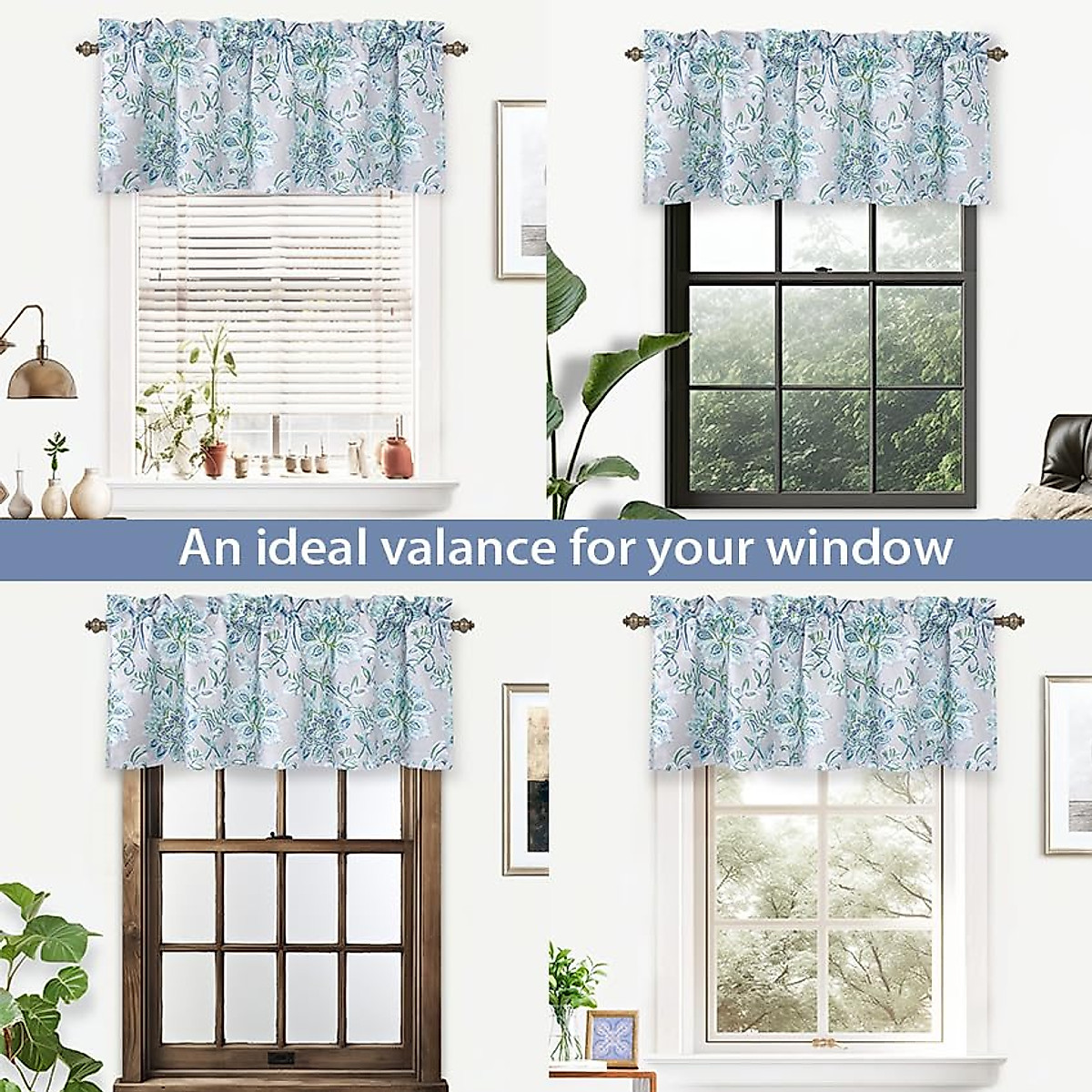 DriftAway Alyssa Jacobean Elegant Floral Leaves Pattern Thermal Insulated Blackout Lined Rod Pocket Window Curtain Valance for Kitchen Café 2 Pack 52 Inch by 18 Inch Plus 2 Inch Header Gray