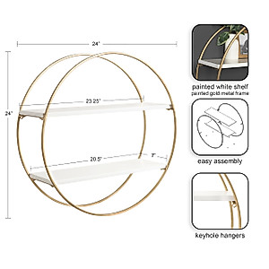 Kate and Laurel Sequoia Modern Round Wall Shelf, 24 Inch Diameter, White and Gold, Contemporary Glam 2-Tier Floating Shelf Decor for Living Room, Bedroom, or Bathroom Display