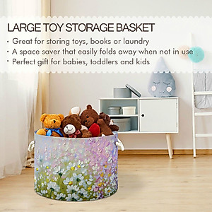 ALAZA Large Storage Basket for Toys Spring Wildflowers White Flowers Round Blanket Basket Baby Laundry Hamper Canvas Organizer Bin Box Cotton Rope Collapsible Bucket Pillow Home Decor