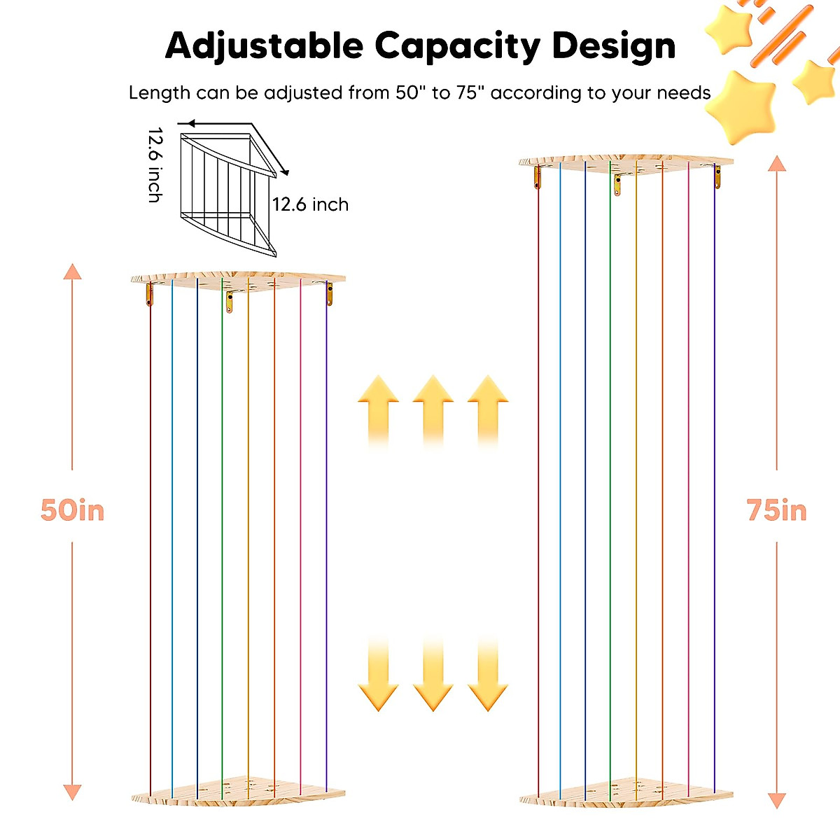 Stuffed Animal Storage Toy Storage Organizer, Wood & Rainbow Elastic Rope Plushies Organizer toy net Adjustable Length Stuffed Animal hammock Corner, Large Kids Furniture for Nursery Playroom Bedroom