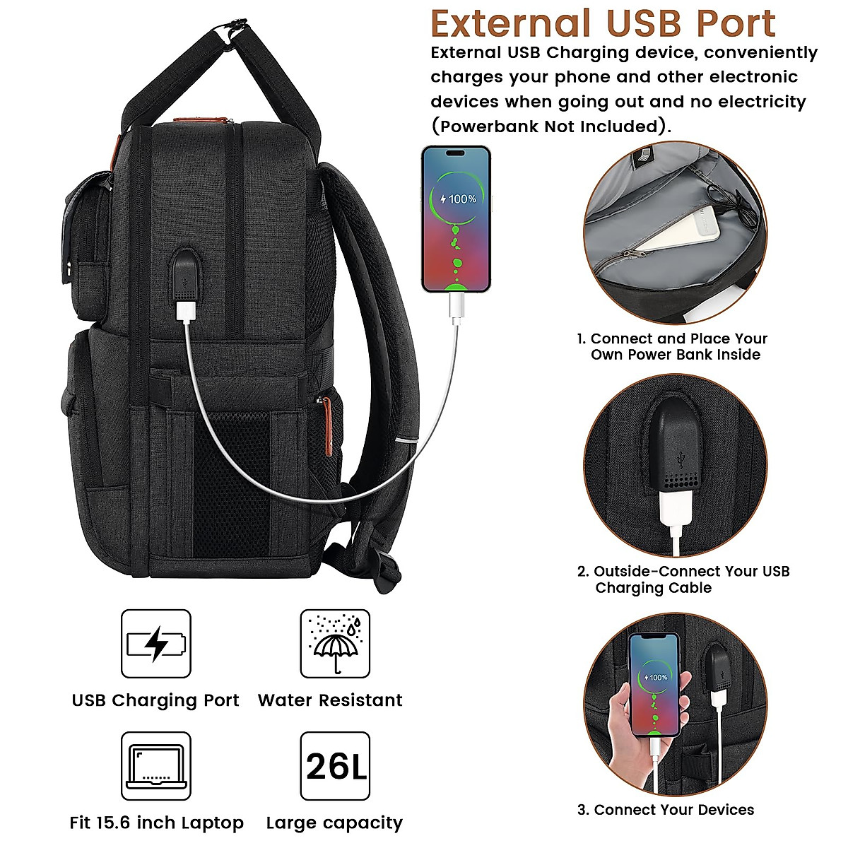 Men's Laptop Backpack, 15.6 Inch Work Backpack for Men & Women, Men's Backpack Purse with USB Charging Port, Teacher Doctor Backpack for Work, Water Resistant College Students Bookbags.
