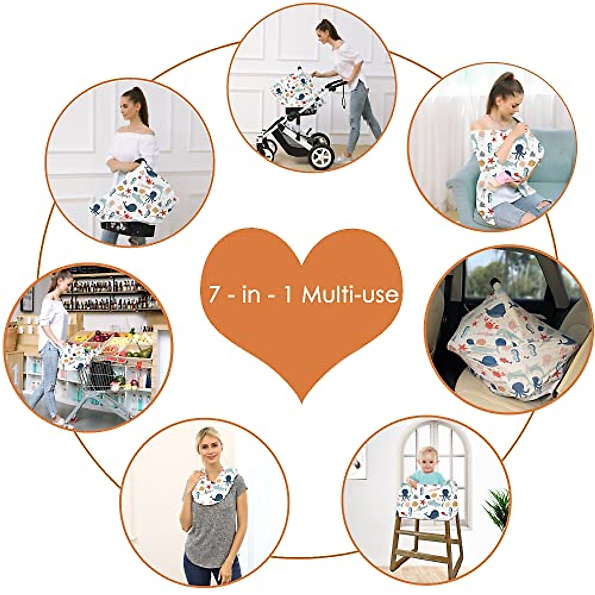 Carseat Cover Boy and Girls - Multi-use Nursing Car Seat Canopy Cover for Breastfeeding, Infant Stroller Cover, High Chair Cover (Cute Fish)