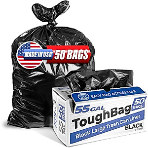 ToughBag 55 Gallon Trash Bags, 35 x 55” Large Industrial Black Trash Bags (50 COUNT) - 55-Gallon Outdoor Garbage Bags for Commercial, Janitorial, Lawn, Leaf, and Contractors - Made in USA