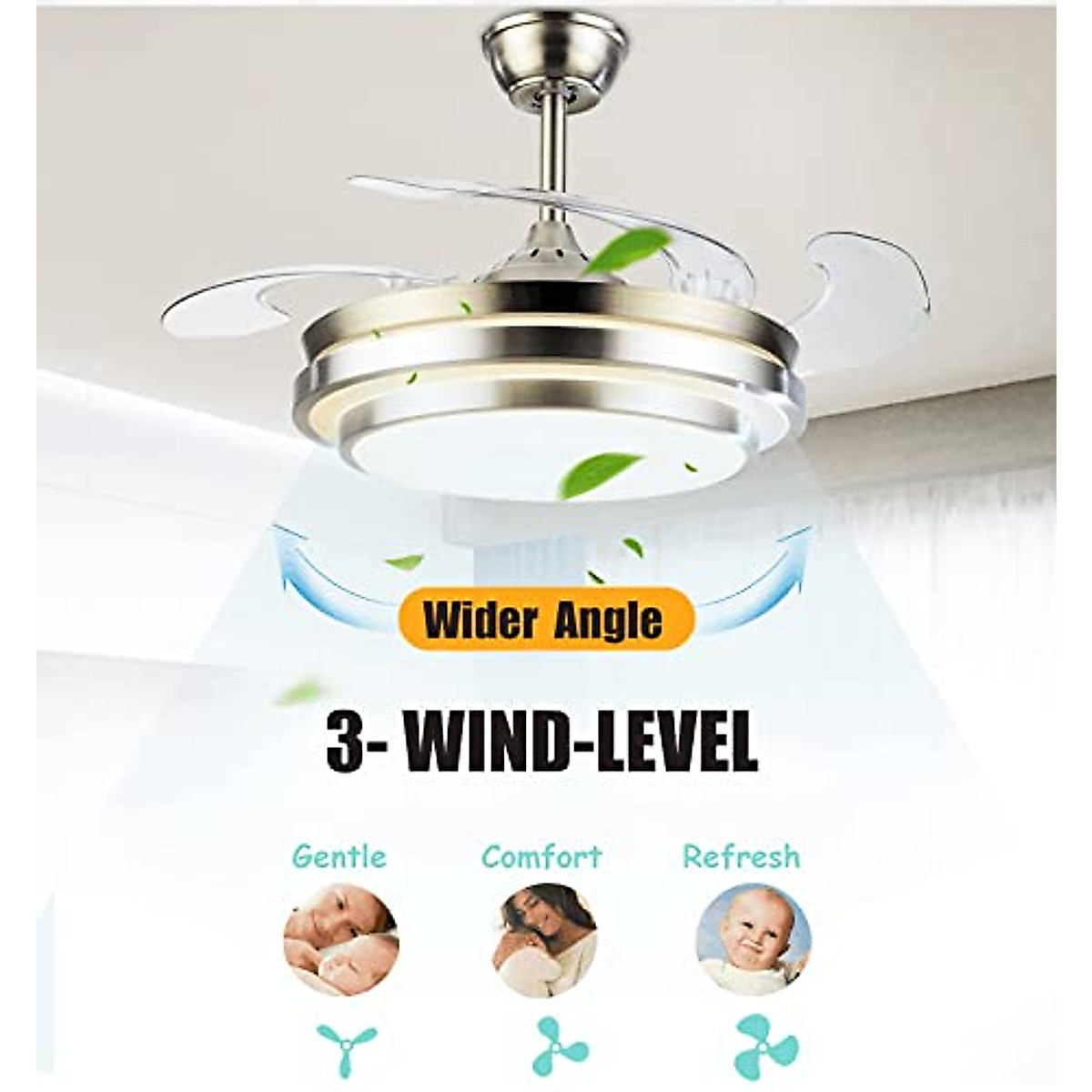 Fandian 42" Modern Ceiling Light with Fans Remote Control, 4 Retractable Blades with 3 Light Color Change Ceiling Fan for Living Bedroom Restaurant, Silver Color with Silent Motor (42In-1)