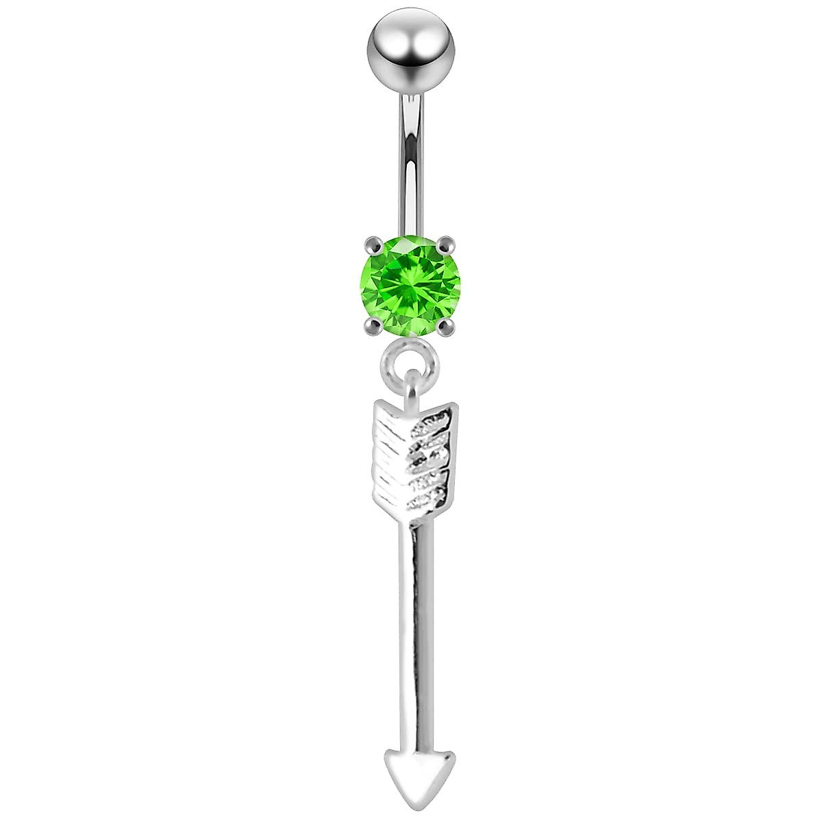 Light Green CZ Crystal Gemstone Stylish Plain Arrow Dangling 925 Sterling Silver Belly Ring Body Jewelry
