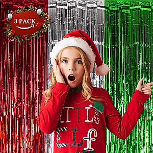 LOLStar 3 Pack Christmas Foil Fringe Curtains Christmas Party Decoration 3.3 x 6.6 ft Red Silver Green Tinsel Fringe Party Photo Backdrop Streamer Backdrop for Christmas, New Year, Ugly Sweater Party