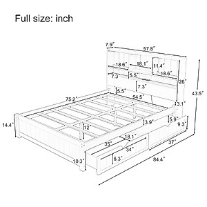 Merax Full Size Wood Platform Bed with Bookcase Headboard, Built-in Downlight, Charging Station, and 2 Side Drawers, Expresso