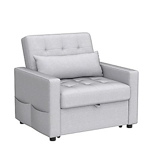 Setawix Convertible Chair Bed 3-in-1, Multi-Functional Sleeper Sofa Chair with Adjustable Backrest, Single Sofa Chair with Side Pocket and Pull Out Bed, Folding Recliner Chair (Linen, Grey)