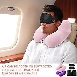 Sintuff 2 Pack Inflatable Travel Pillow for Airplanes Inflatable Neck Pillows with Compact Bag and Blindfold Soft Flight Pillow for Traveling, Airplane, Train, Car, Office(Light Pink and Violet)