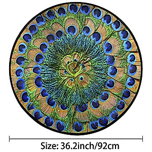 Peacock Feather Area Rugs Washable Indoor, Animal Mandala Round Rug Non-Slip Circle Rug Modern Round Area Rug for Living Room, Bedroom, Dining Room (3' Diameter)