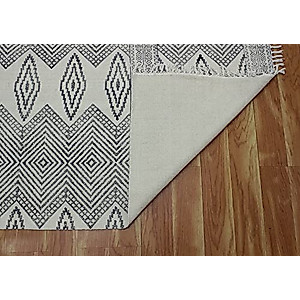 Casavani Hand Block Printed Cotton Dhurrie Geometric Gray & Beige Tassel Rug Easy Care Washable Rugs for Doormat Entryway Living Room Bedroom Hallway Balcony 2.6x10 Feet Runner